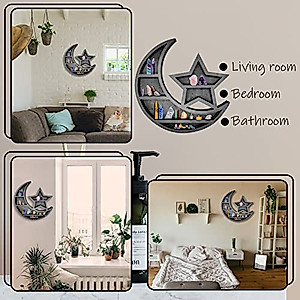 Wooden Moon Shelf, Durable Pine Floating Shelves Engraved Moon Design Shelf for Crystal Essential Oil Display Home Decor-Moon Star04