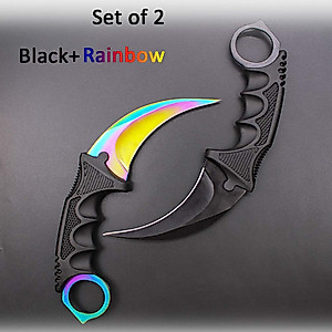 Karambit Knife, Set of 2, CS-GO for Hunting Camping Fishing and Field Survival, Stainless Steel Fixed Blade Tactical Knife with Sheath and Cord (Black+Rainbow).