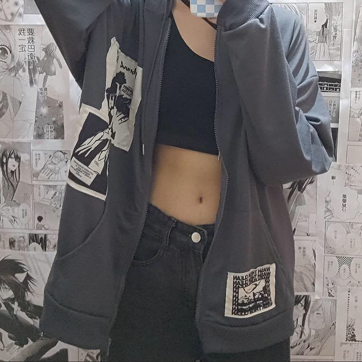 Alt Emo Clothes Women Oversized Zip Up Hoodies Rhinestone Y2k Aesthetic Skeleton Sweatshirts Grunge Gothic Jacket Streetwear (S,b)