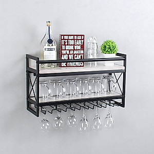 MBQQ Wine Rack Stemware Glass Rack,Industrial 2-Tier Wood Shelf,24in Wall Mounted Wine Racks with 6 Glass Holder for Wine Glasses,Mugs,Home Decor,Black