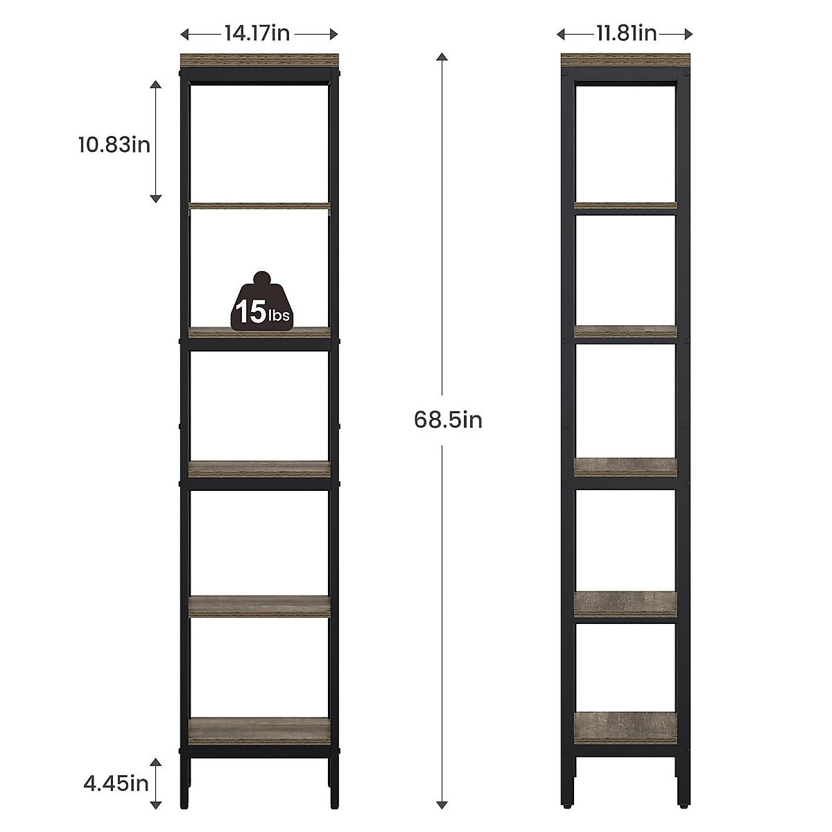MXARLTR 6 Tier Tall Bathroom Shelf, Narrow Shelving Unit with Steel Frame, Freestanding Slim Storage Rack for Bathroom, Living Room, Bedroom, Kitchen, Bathroom Storage Corner Shelf (Oak Gray)