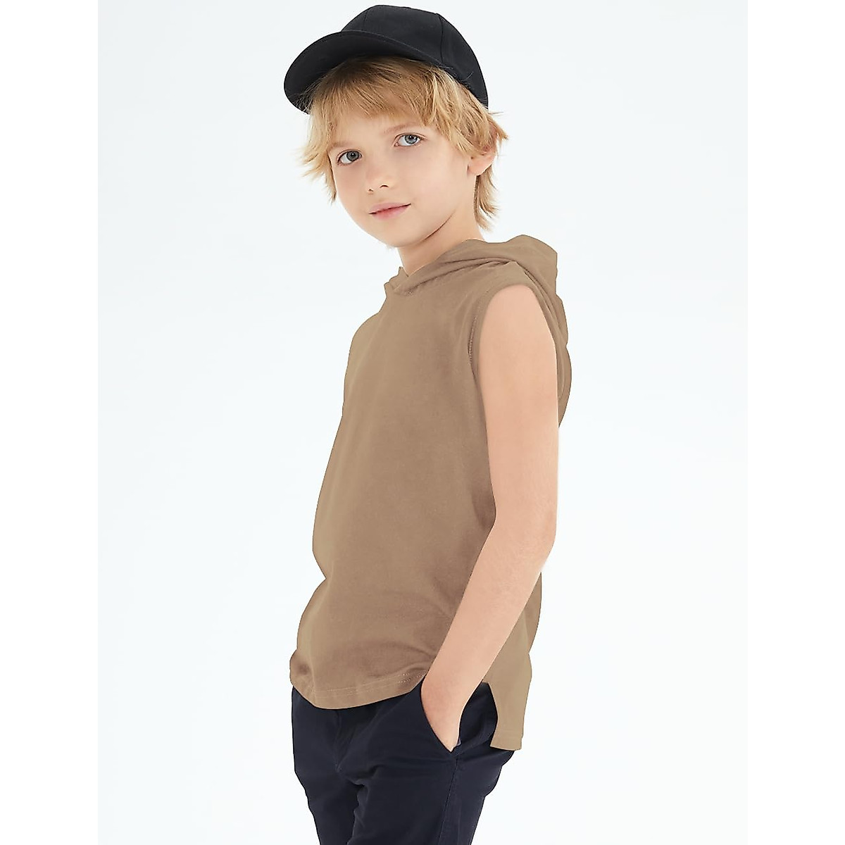 Spring&Gege Boys Hooded Tank Top Solid Basic Sleeveless Pullover Hoodie Uniform Workout Comfy T-Shirt, Khaki, 9-10 Years