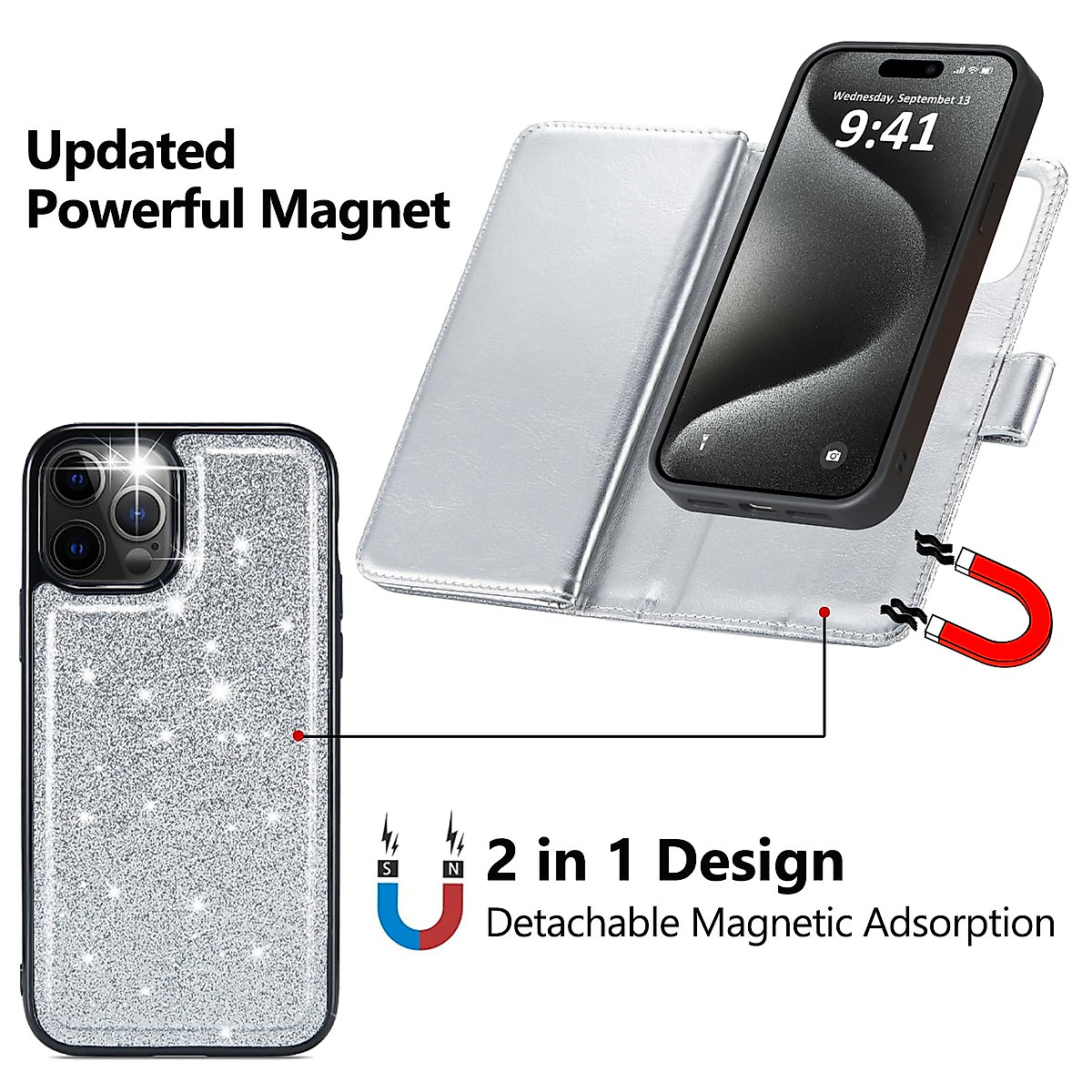 Varikke for iPhone 15 Pro Wallet Case, Detachable iPhone 15 Pro Case Magnetic Wallet for Women with Card Holder & Kickstand, Glitter PU Leather Wrist Strap Phone Cases for iPhone 15 Pro 6.1", Silver