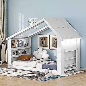 Twin House Bed Kids Floor Bed with Roof and Window, Solid Wood Montessori Bed with LED Light, Low Floor Twin Bed Frame for Kids Girls Boys, No Box Spring Needed (White)