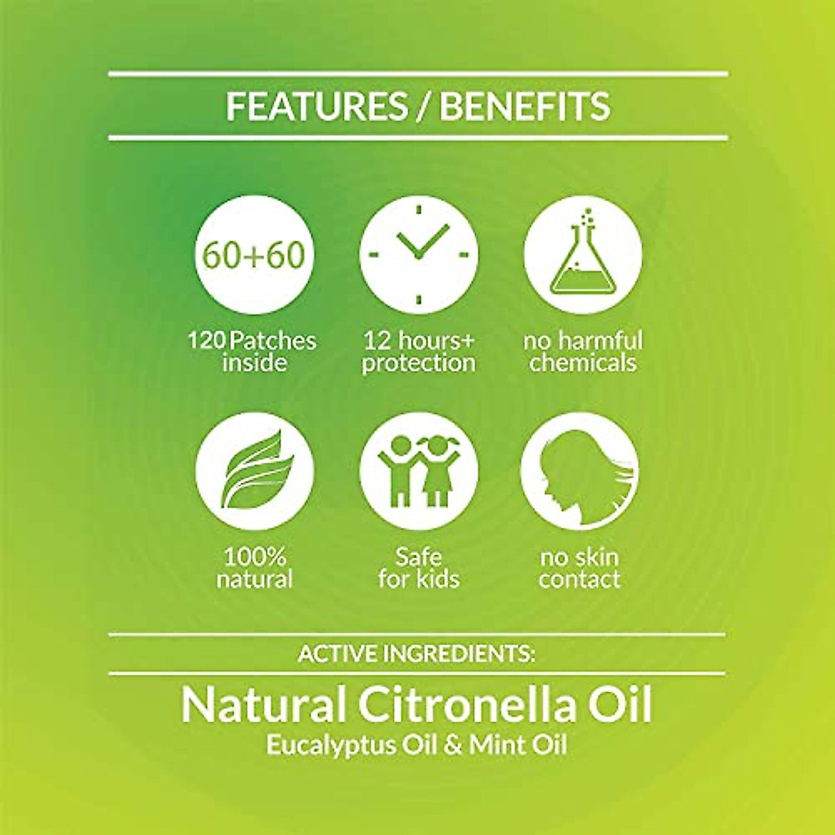 Mosquito Patches, 120 Pack Mosquito Sticker for Kids Adults, Natural Citronella Patches for Travel Outdoor Indoor, DEET Free, Green