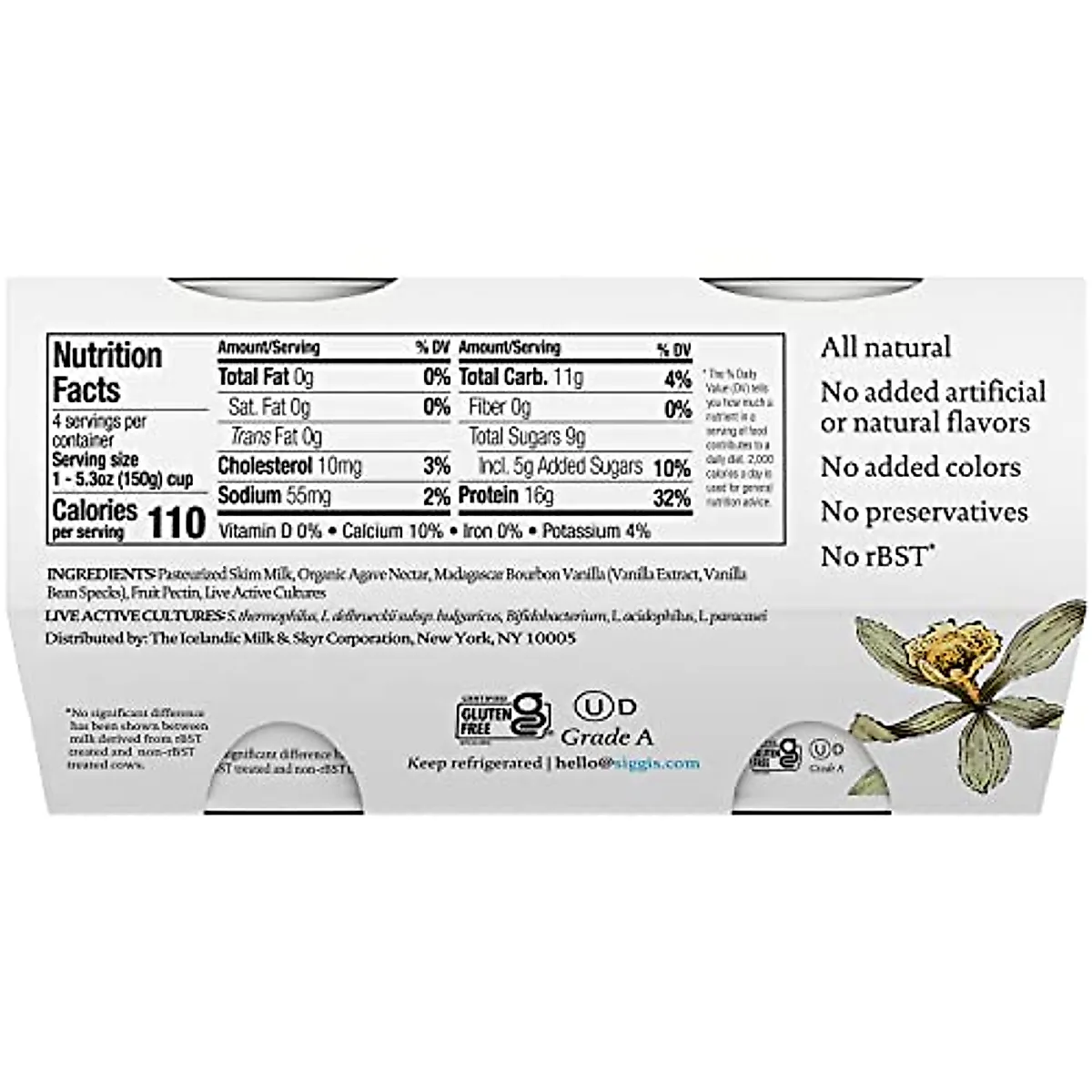 Siggi's Vanilla Non Fat Yogurt 4 Pack, 21.2 OZ