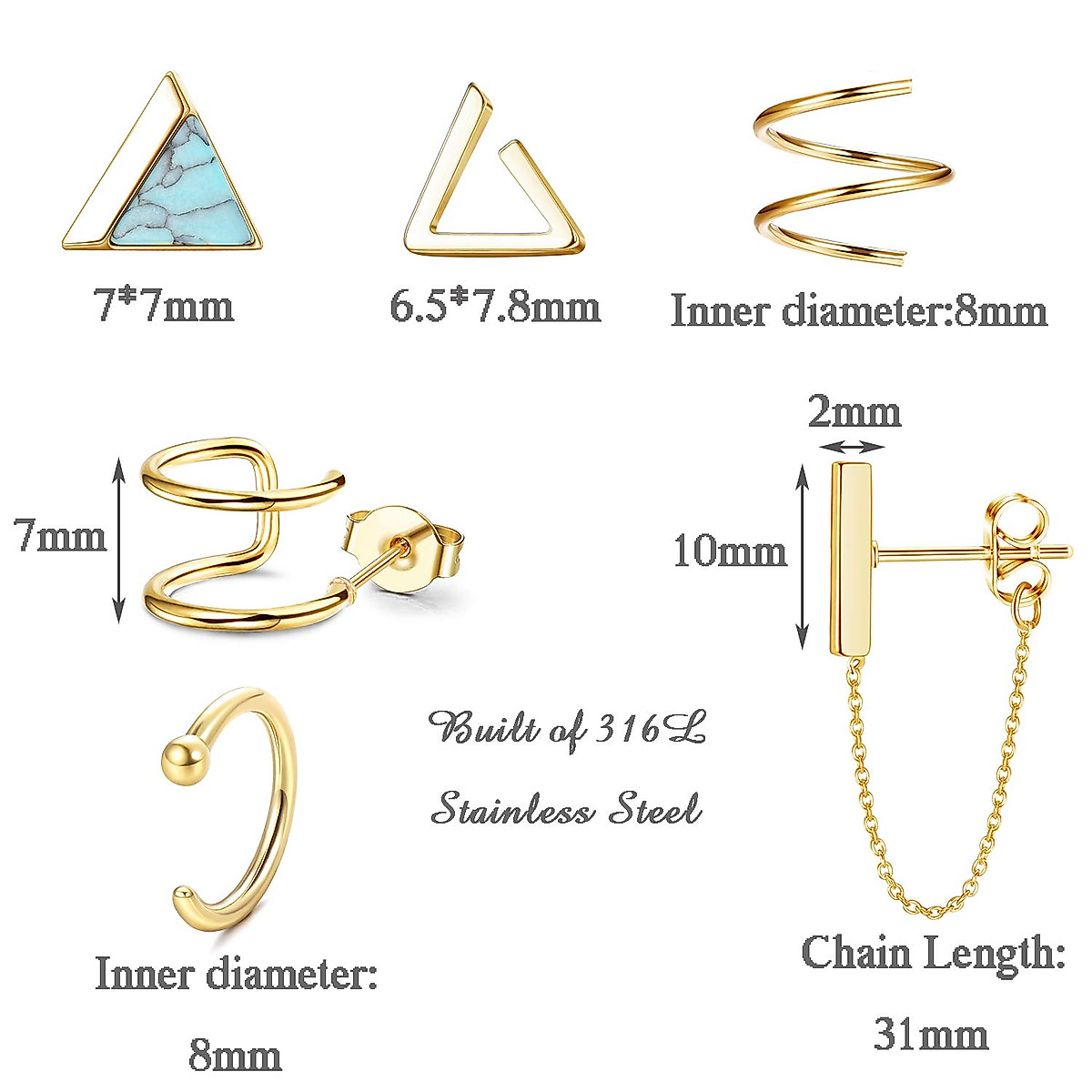 ORAZIO 6 Pairs Minimalist Hoop Stud Earrings Set for Men Women Small Triangle Cuff Huggie Chain Dangle Earrings Stainless Steel Cartilage Helix Piercing Set