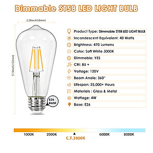Qingmiao Vintage LED Edison Bulbs, ST58 Dimmable 4W E26 LED Bulb 40W Equivalent, 3000K Soft White Led Light Bulbs, Antique LED Filament Bulbs, CRI 80+, Flicker Free, No Glare, Clear Glass, Pack of 6
