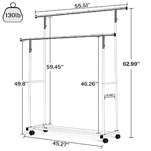 VICERII Double Clothing Rack, 55.51 Inch Garment Rack with Wheels and Bottom Shelf, 130LB Capacity Heavy Duty Rolling Clothes Racks for Hanging Clothes, Coats, Shirts, Sweaters, Skirts, White