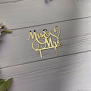 Mrs & Mrs Cake Topper-Wedding and Anniversary Cake Topper,Gay and Lesbian,LGBT Marriage Union,Love is Love (Mirror Gold Acrylic)