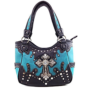 Justin West Cross Studs Concealed Carry Shoulder Handbag Tote Purse Crossbody Wallet (Blue Handbag and Wallet)