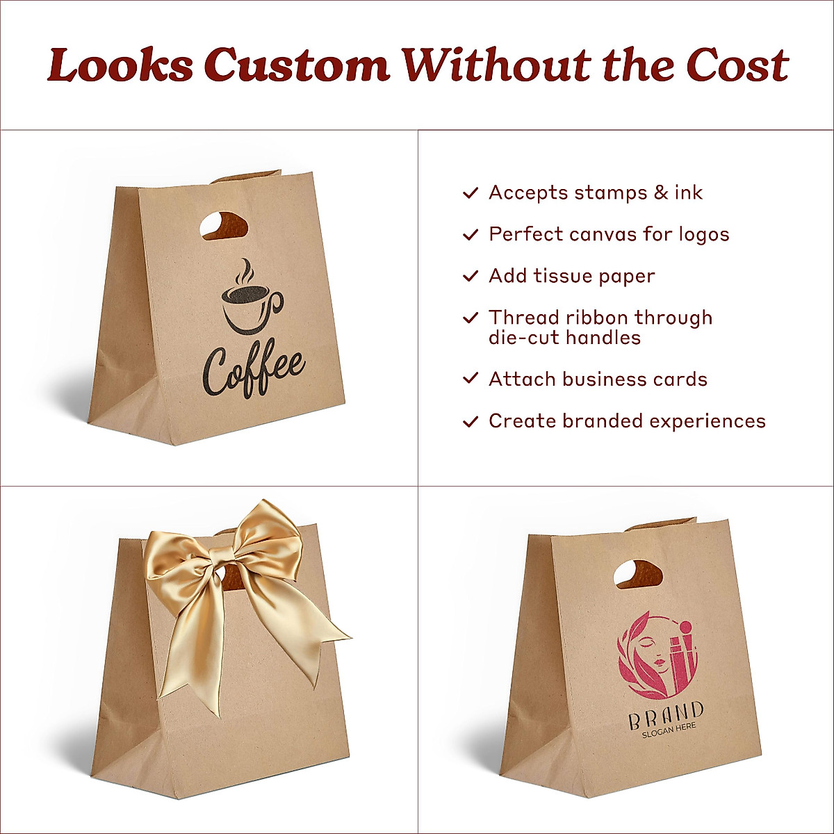 PTP BAGS Natural 11" x 6" x 11" Die Cut Tote Bags [Pack of 500] Kraft Paper Gift, Food Service Bags