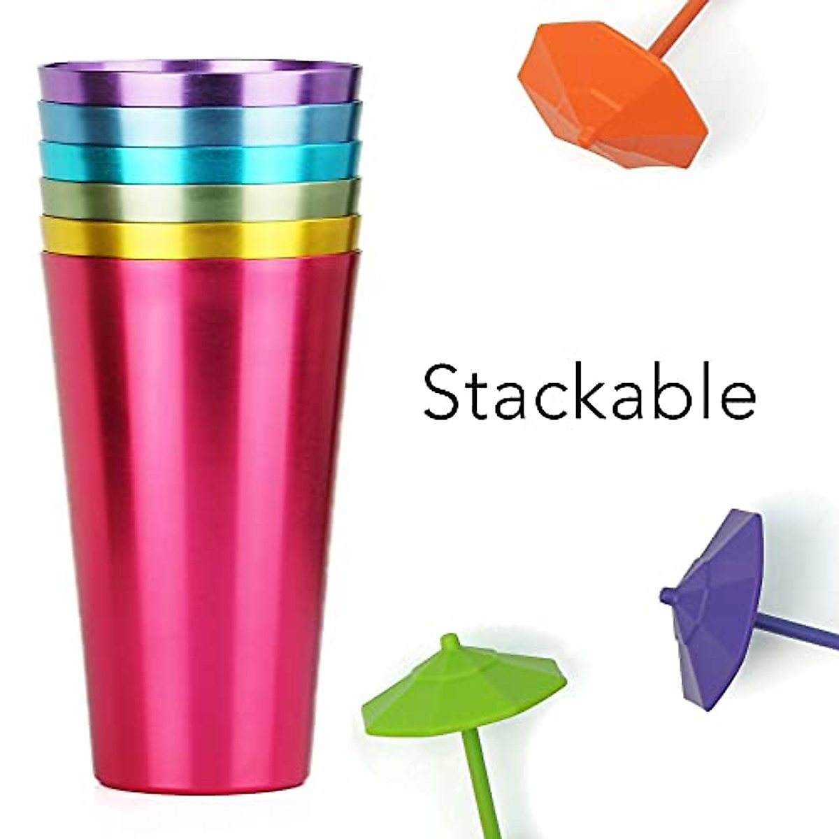 Aluminum Water Tumblers, Set of 6, Different Color, for Children and Adults, Travelling Tumblers, Party Tumblers, Stackable, 16oz (Large)