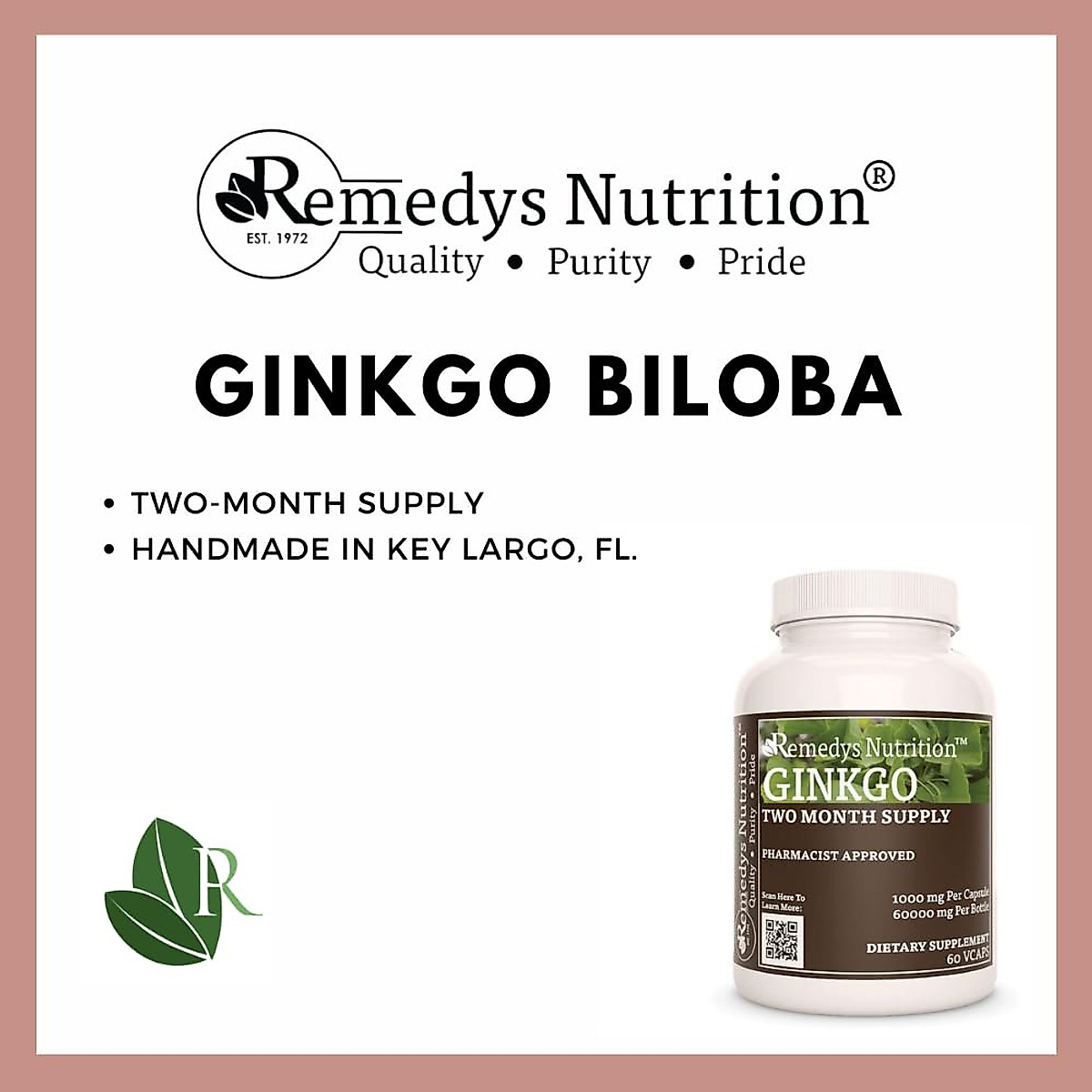 Remedy's nutrition Ginkgo Biloba | 1,000 mg, 60 Vegan Capsules Herbal Dietary Supplement | Two Month Supply | Non-GMO, Gluten Free, Dairy Free, No Fillers or Additives