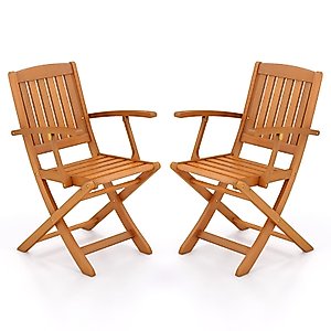 Tangkula Patio Wood Folding Chair Set of 2, Outdoor Eucalyptus Wood Dining Chairs w/Armrests & Slatted Seat, for Backyard, Porch, Poolside, Lawn, Garden, Load up to 400 LBS (1, Natural)