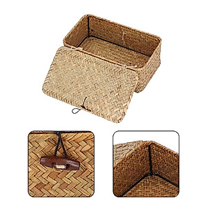Lwuey Seagrass Storage Baskets with Lid, Rectangular Shelf Rattan Basket Lids Seaweed Box Woven Boxes Handwoven Wicker Straw Bin Container Organizer for Home Living Room Closet Bedroom Desktop(S)