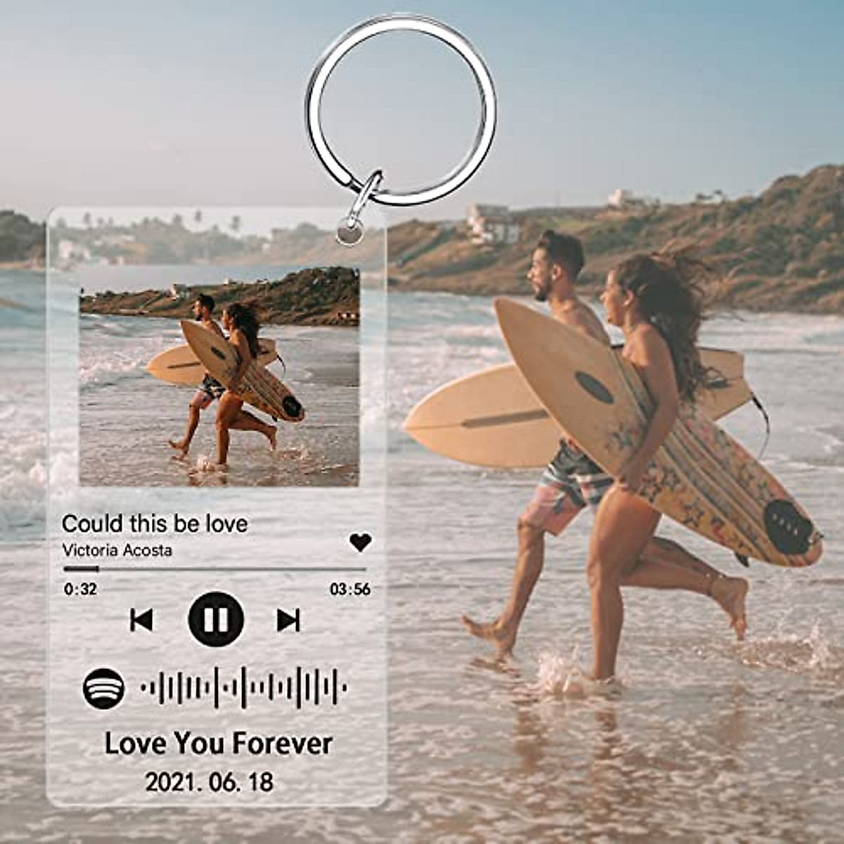 Custom Acrylic Spotify Music Keychain，Personalized Photo Song Keychain with Spotify Music Code Gift For Him Her Couples Lover Valentine’s Day