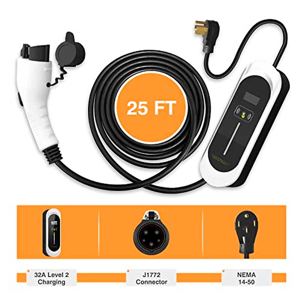 Keruida Level 2 EV Charger 32Amp 240V, Portable EV Charger with NEMA 14-50 Plug SAE J1772 Cable, Home EV Charging Station Adjustable Currents 10A-32A, with EV Charger Holder, Timing Delay