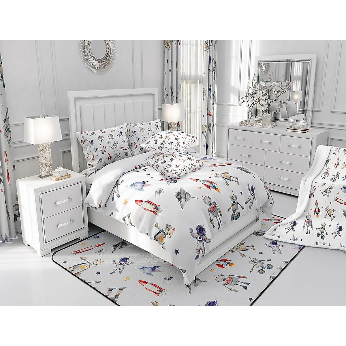 Kids Robot Duvet Cover Set Queen Size,UFO Spaceship Astronauts Bedding Set for Boys Girls Child Room Decor,Cute Aircraft Stars Print Comforter Cover Space Adventure White Quilt Cover,2 Pillowcases