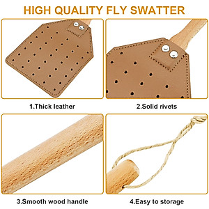 Leather Fly Swatter for Indoors/Outdoors, Heavy Duty Flyswatter with Walnut Wood Handle 19.7" Long Fly swatted Manual for Bug, Flies, Bees, Mosquitoes Brown