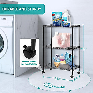 Doredo 3 Tier Adjustable Wire Shelf with Wheels, 3 Tier Mobile Metal Storage Shelves, Black Wire Rack Shelving Unit, 200Lbs Capacity, 10" D X 20" W X 28" H, for Kitchen, Pantry, Laundry