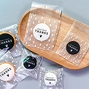Self Adhesive Cookie Bags Cellophane Treat Bags, White polka dots with Black and White “Thanks” Print for Party Gift Giving Bakery Candy Cookie (100 Pcs, 3.94 x 3.94 Inches)