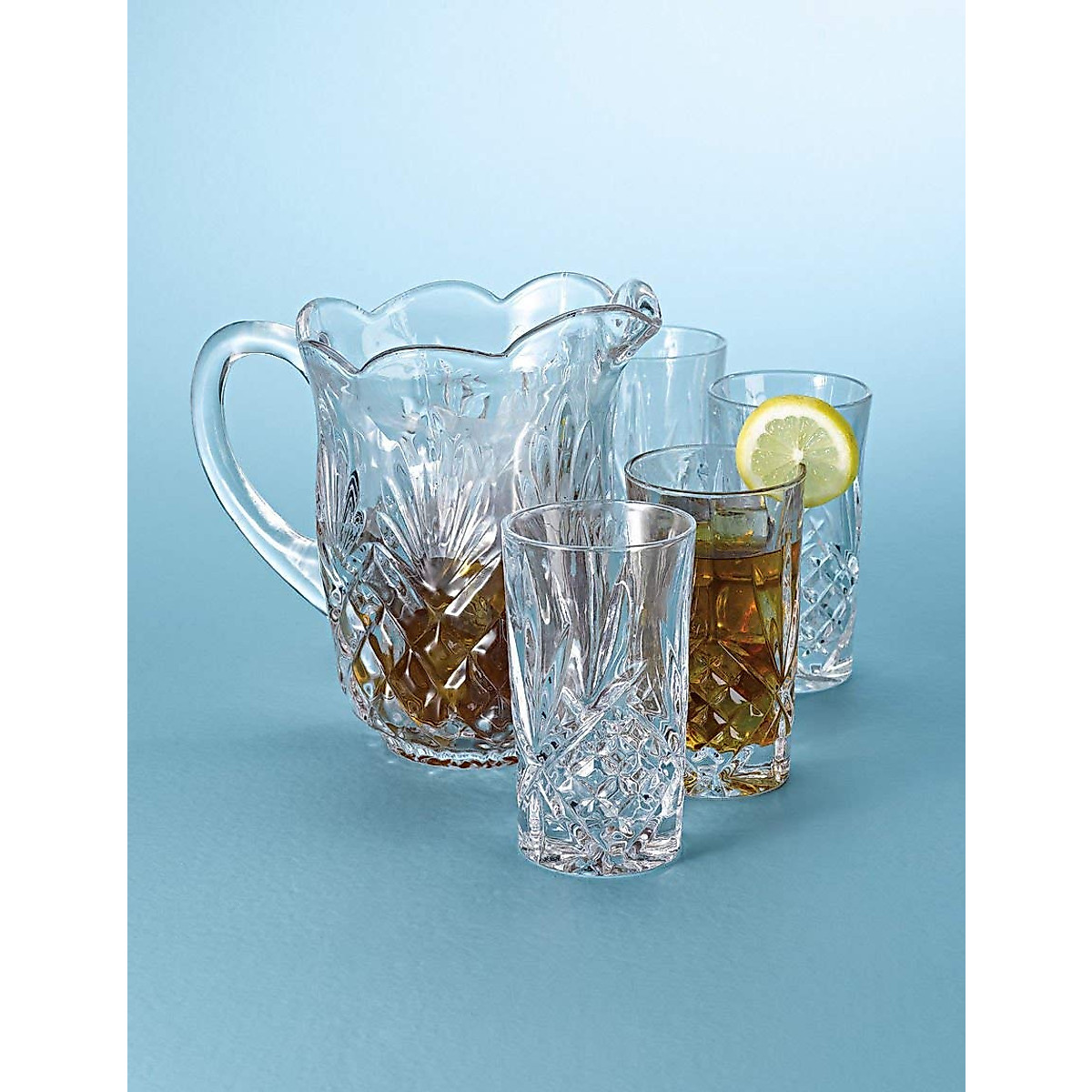 Elegant Crystal Pitcher Drinkware Set with 4 Crystal highball Tumblers, Beautiful Jug with handle and Spout for Chilled Beverage Homemade Juice, Iced Tea or Water
