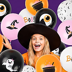 60Pcs Halloween Balloons Set- 12" Halloween Pink Orange Black White Latex Balloons Print with Ghost Boo Bat Witch Hat for Halloween Baby Shower Kids Halloween Birthday Party Favor Decor Supplies