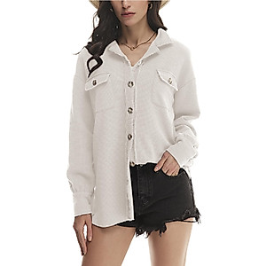 Yanekop Waffle Knit Button Down Shirt Womens Shacket Oversized Long Sleeve Shirt Jacket Trendy Outfits 2025(A White,XL)
