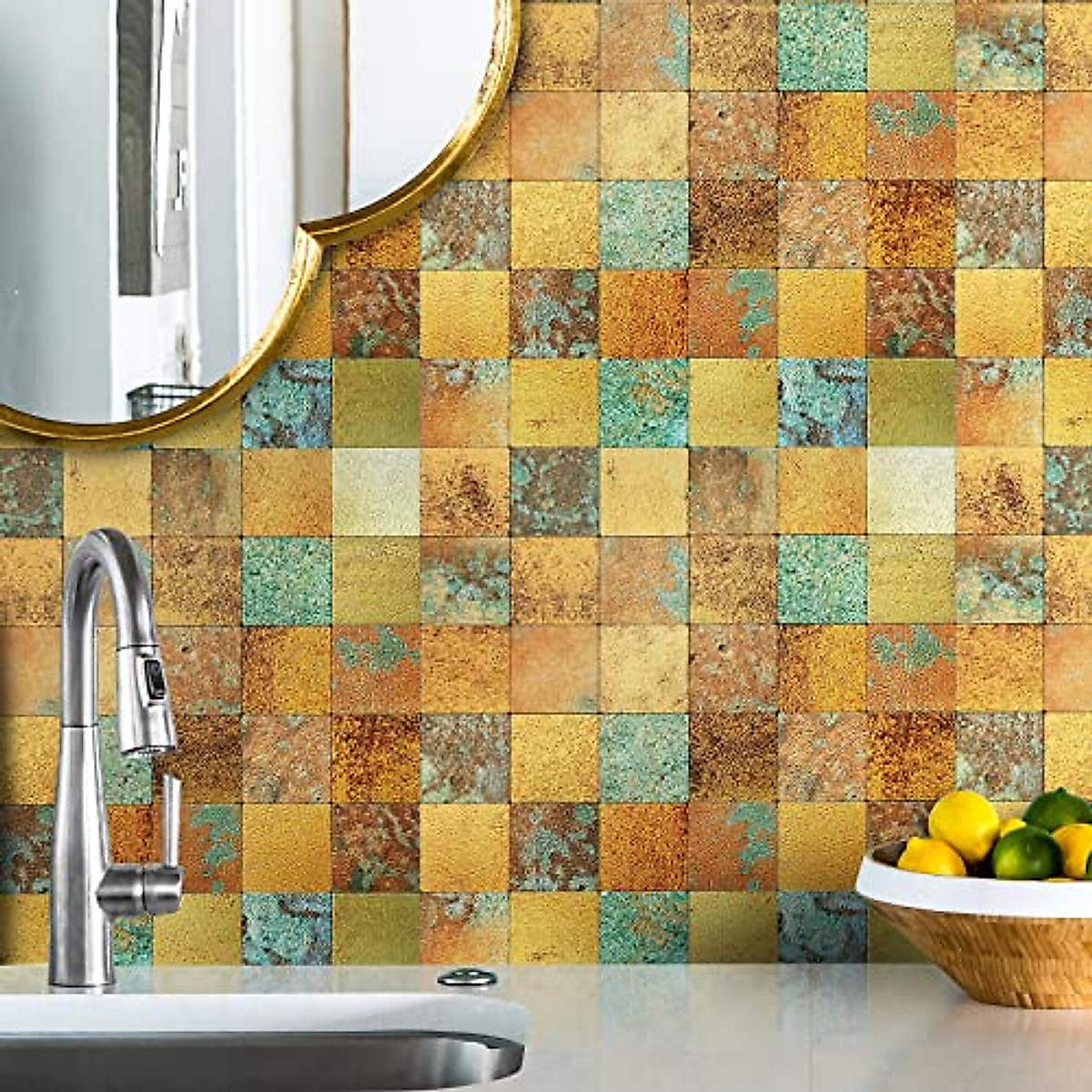 HomeyMosaic Peel and Stick Backsplash Tile Stick on Kitchen Fireplace Bathroom Plaid in Rust Retro Copper,5-Sheet