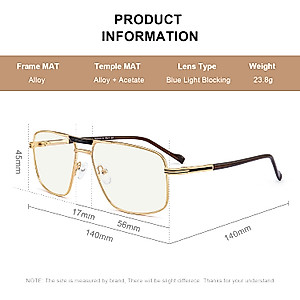 RB.Pilot Reading Glasses for Men Square Double Bridge Blue Light Blocking Computer Readers (gold, 1.50)