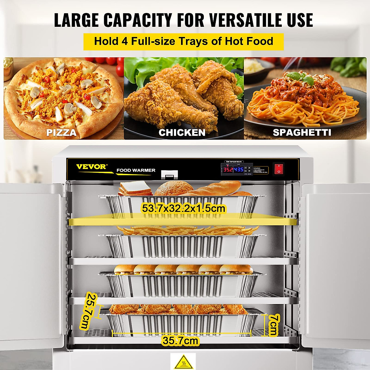 VEVOR Hot Box Food Warmer, 25"x15"x24" Concession Warmer with Water Tray, Four Disposable Catering Pans, Countertop Pizza, Patty, Pastry, Empanada, Concession Hot Food Holding Case, 110V