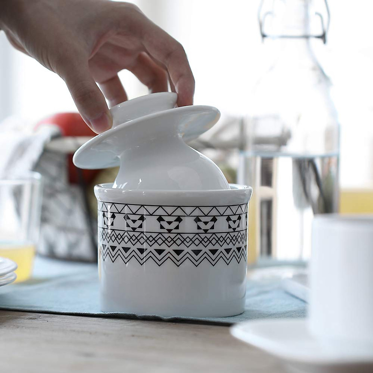 Dowan Butter Crock, Butter Keeper Crock, Keep Butter Soft & Fresh, Butter Crock with Water Line, Dishwasher Safe, French Butter Dish with Flat Lid for Serving, Modern Bohemian Design，unique thanksgivi