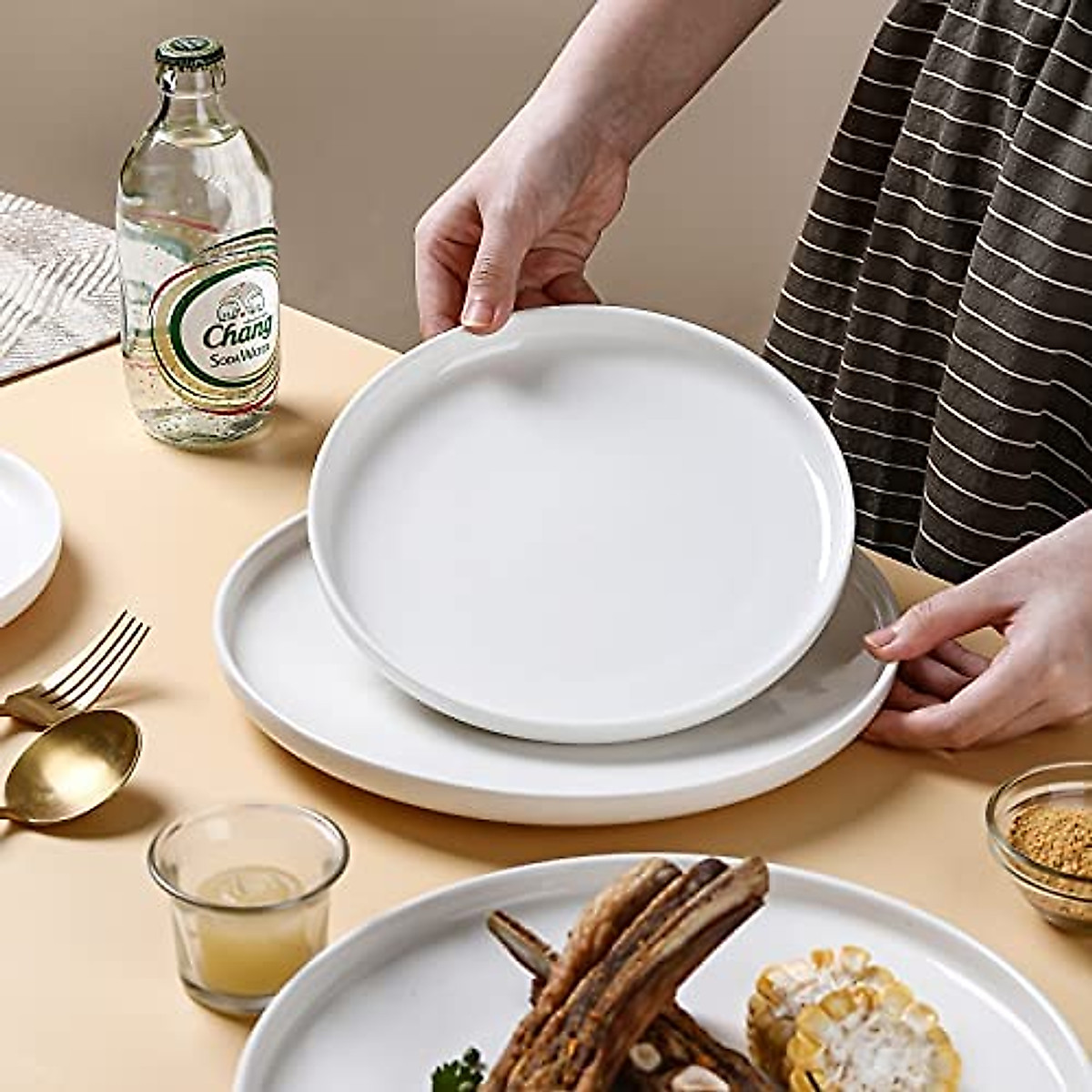 Ceramic Dinner Plates Set of 6, 9.8 Inch Ceramic Plates, Porcelain Round Dinner Plates, Plate Set-Dessert Salad Appetizer Pizza Pasta Round Kitchen Ceramic Serving Dishes, Salad Plates, White Plates