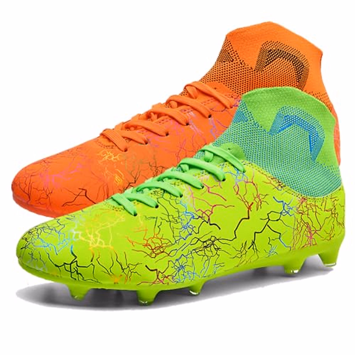 ESXGED Womens High Top Lightweight Soccer Cleats Mens Comfy Football Boots Spikes Shoes Training Sports Sneakers Green-Orange Size 9.5w/8m