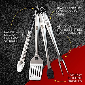 Legends Market BBQ Grill Tools Set - 4-Pcs BBQ Accessories with Grill Tongs, Spatula, Forks, Brush - Heavy Duty Stainless Steel Grill Accessories - Men Gifts Outdoor Grill Sets
