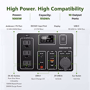 Portable Power Station 1000W, 1110Wh Backup Battery, 200W Max Input, PD 60W, Electric Solar Generator Outage Emergency Power Supply for Home Outdoors CPAP, Camping Travel RV Van