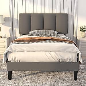 VECELO Twin Bed Frame with Upholstered Headboard, Platform Mattress Foundation with Strong Wooden Slats Support, No Boxing Spring Needed, Easy Assembly, Dark Grey