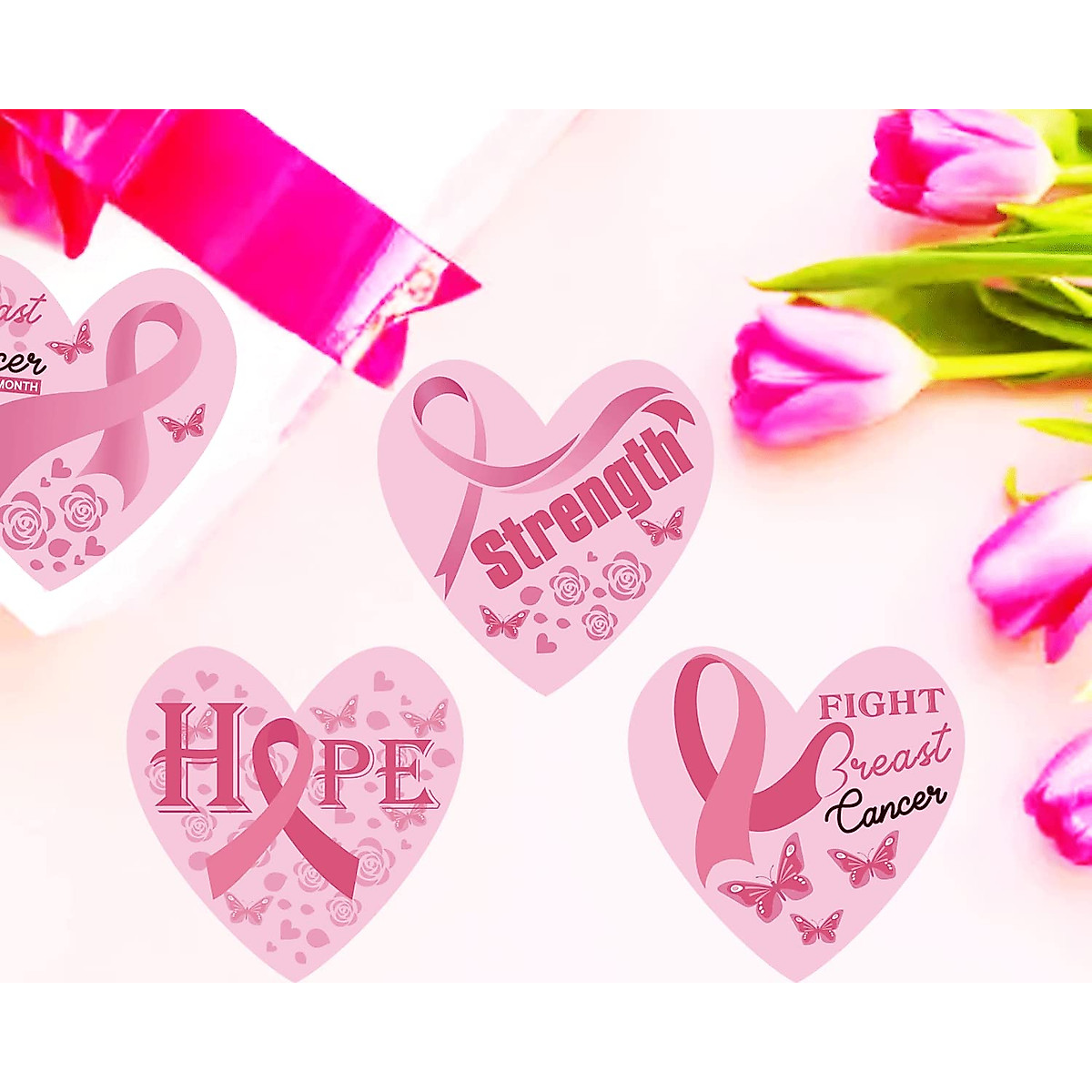 Breast Cancer Awareness Stickers 2 Inch Pink Heart Shaped Official Breast Cancer Hope Sticker for Women Girls,Charity Public Fundraising Favors Party Supplies 500 Pcs