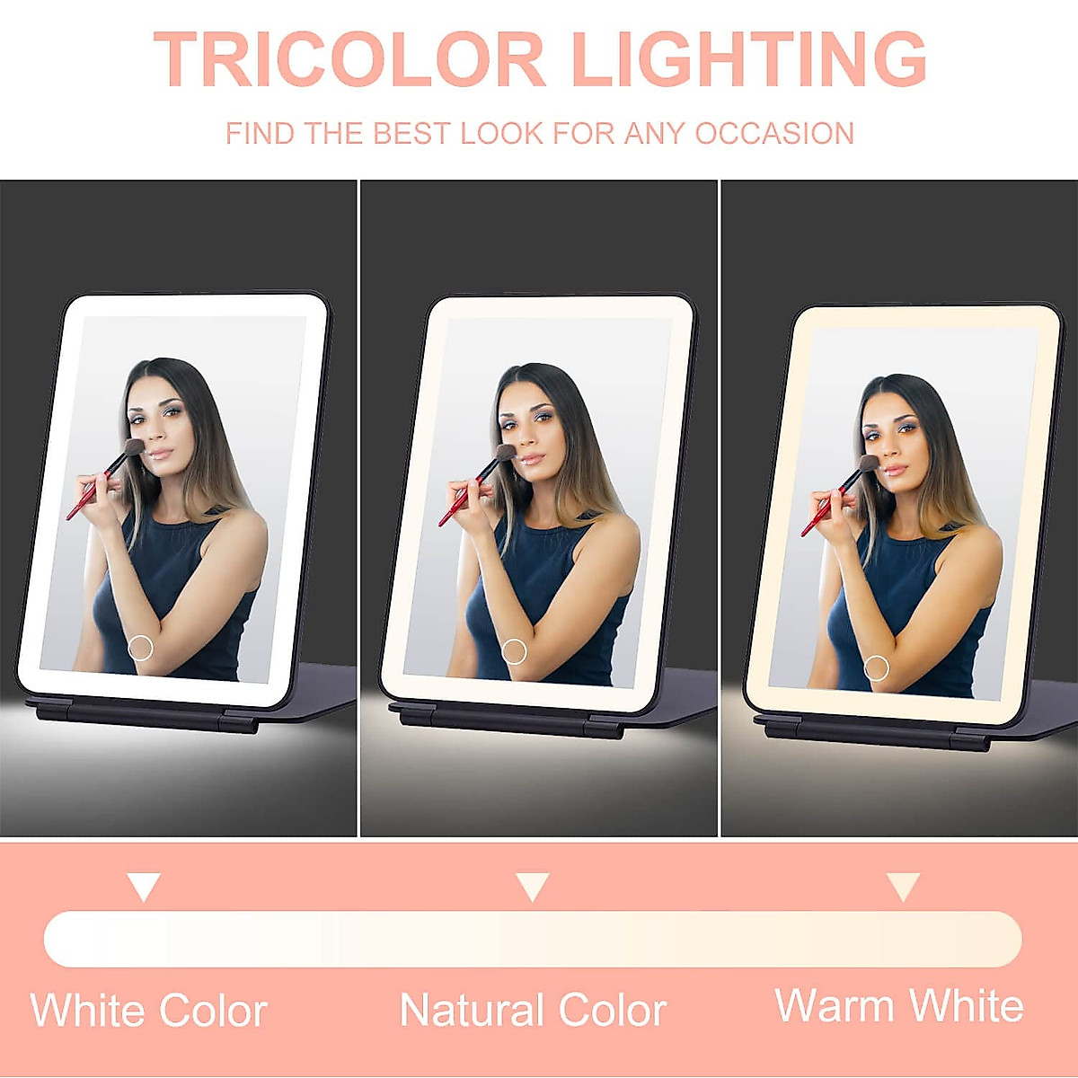 Foldable Double Sided Tabletop Mirror - Rechargeable Lighted Magnifying Mirror 10 X and 1X，3 Colors Light - Adjustable Foldable Handle for Makeup/Travel and Blackhead Removal.