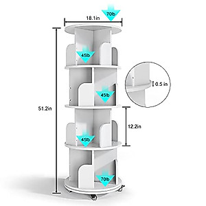 Nidouillet Rotating Bookshelf, 4 Tier Revolving Bookcase with Brake Wheels 360° Display Round Bookshelf Narrow Swivel Corner Book Shelf Standing Bookcase for Adult Bedroom, Living Room - White