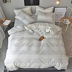 OREISE Duvet Cover Set King Size 100% Cotton White/Light Gray Printed Striped Style Reversible Design 3Piece Bedding Set (1 Duvet Cover + 2 Pillow Shams) with Zipper Closure Soft Breathable Luxury
