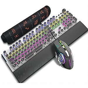 Basaltech Typewriter Style Mechanical Keyboard and Mouse Combo, Gaming Keyboard with Collapsible Wrist Rest, RGB Backlight Blue Switch Metal Penal, Round Keycaps Keyboard for PC