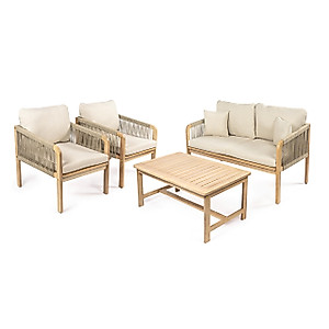 JONATHAN Y LVG1202A-4SET Tavira 4-Piece Modern Bohemian Acacia Wood Outdoor Patio Set with Cushions and Plain Decorative Pillows Coastal, Contemporary, Transitional, Rustic, Cottage, Beige/Light Teak