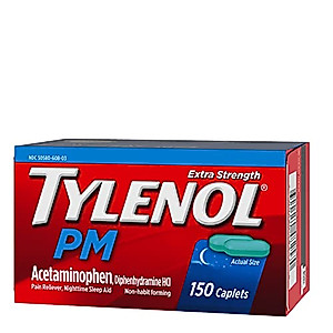 Tylenol PM Extra Strength Nighttime Pain Reliever & Sleep Aid Caplets, 500 mg Acetaminophen & 25 mg Diphenhydramine HCl, Relief for Nighttime Aches & Pains, Non-Habit Forming, 150 ct