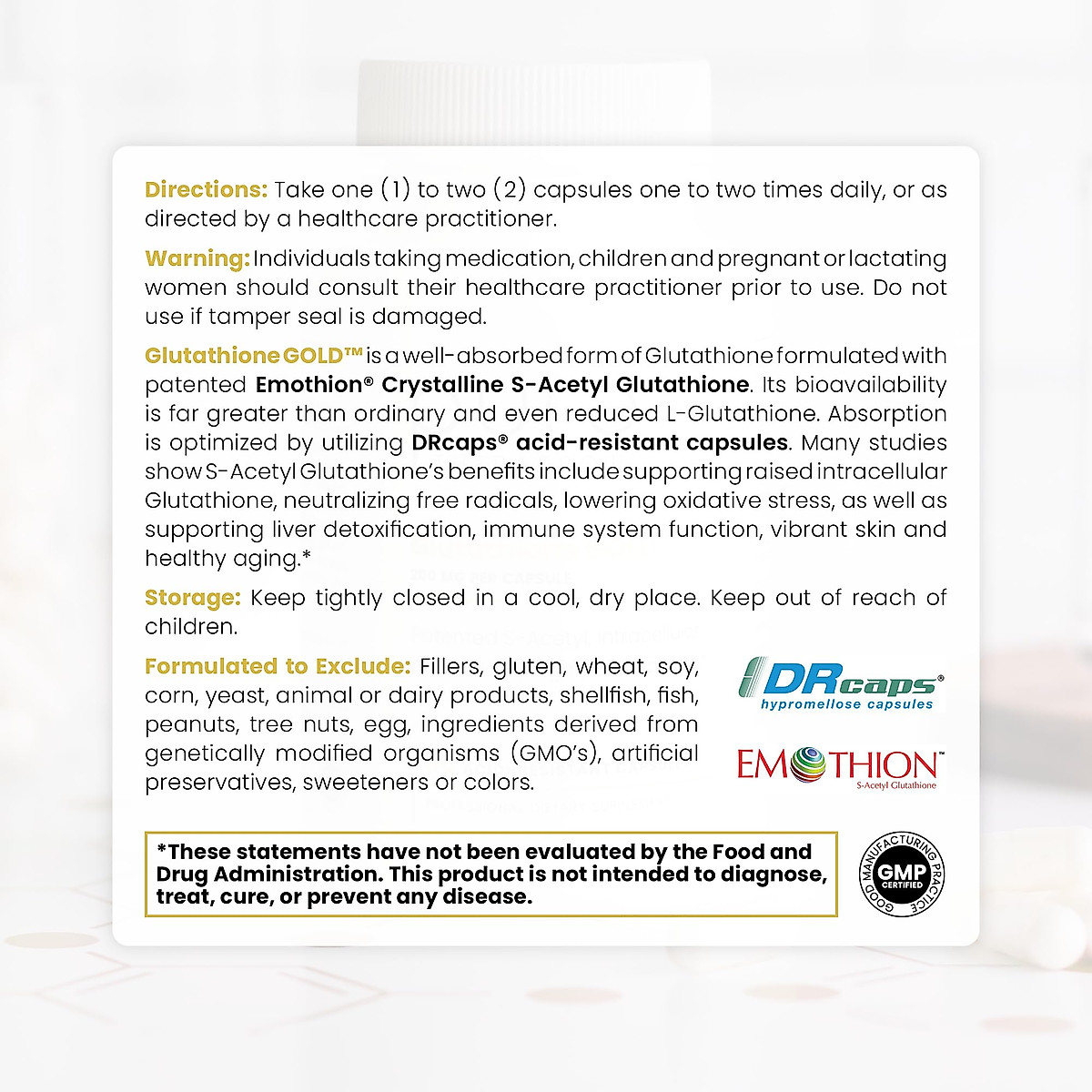 S-Acetyl Glutathione GOLD 300mg PER Capsule - 60 DRcaps "Acid-Resistant" | Extra-Strength | Patented Acetylated Form of Glutathione (Emothion®) | Pharmaceutical Grade | Free-of Harmful Stearates