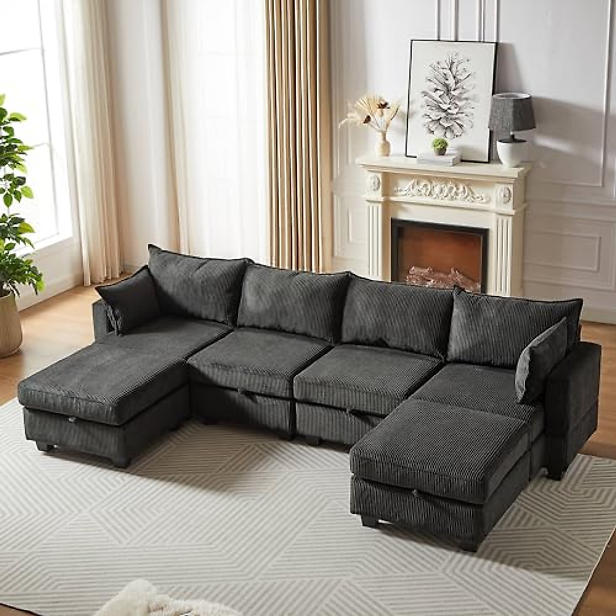 Eafurn 6 Seat Oversized Convertible U/L Shaped Modular Sectional Sofa Reversible Sleeper Couch Sofabed with Storage & 2 Movable Ottomans, Corduroy Lounge Sofa&Couch for Living Room Apartment
