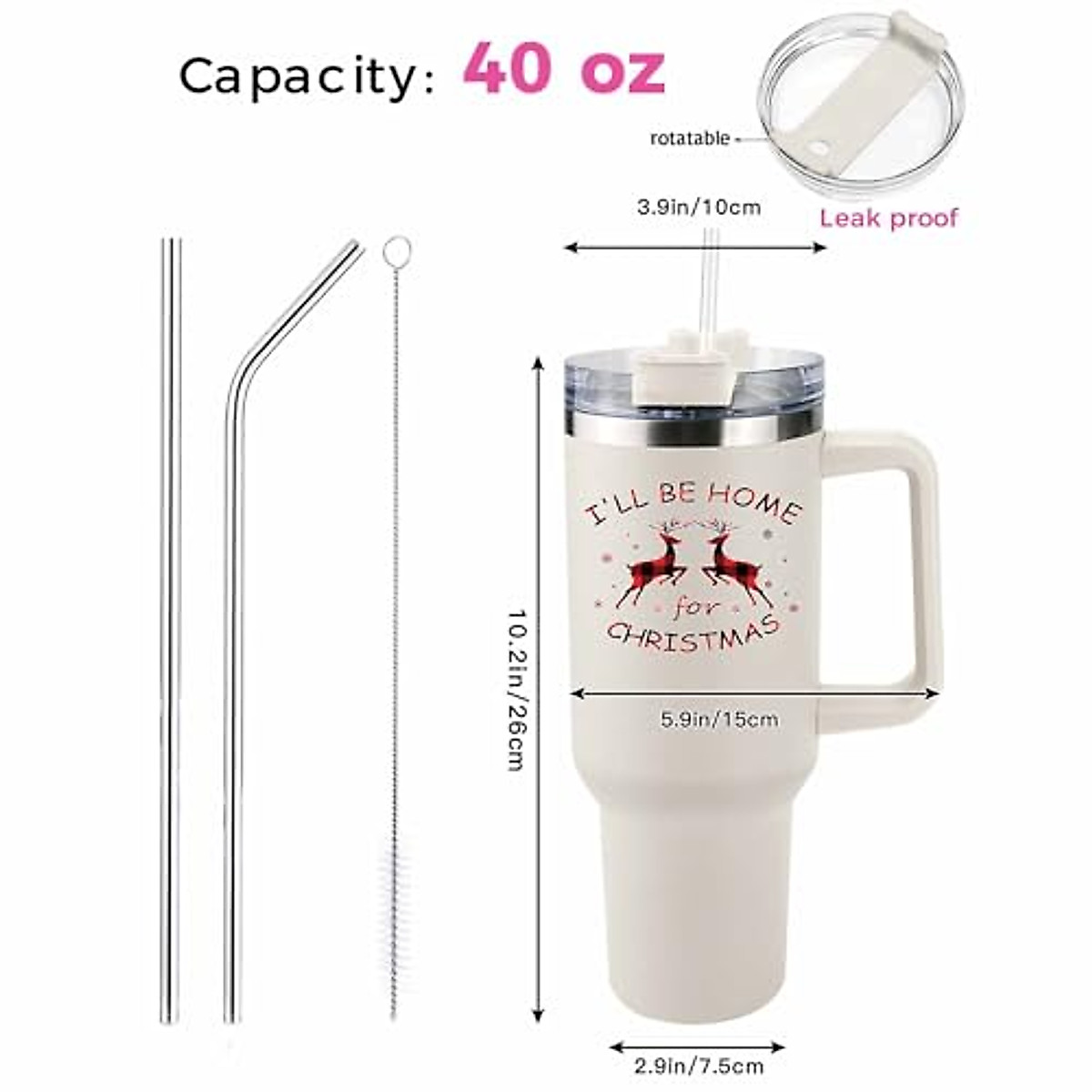 LB LEOBON 40 ounce insulated cup with handle, double-layer vacuum stainless steel material, equipped with straw, can keep warm or maintain cold drinks Reindeer I'll Be Home for Christmas white