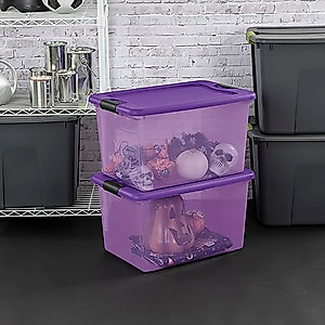 Sterilite 64 Quart Latching Plastic Storage Container, Purple & Orange (12 Pack)