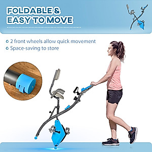 Soozier Folding Exercise Bike, 3-in-1 Recumbent Exercise Bike, Upright Workout Bike & Arm Resistance Bands, Adjustable Seat, 8-Level Magnetic Resistance, Blue